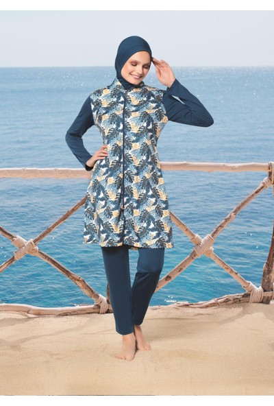 Ruko 22140-1 Bayan Uzun Kol Fermuarlı Desenli-Mavi Tesettür Mayo