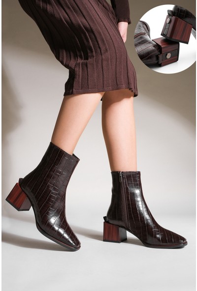 Marjin Kadın Topuklu Bot Küt Burun Tahta Ökçe Fermuarlı Sayen