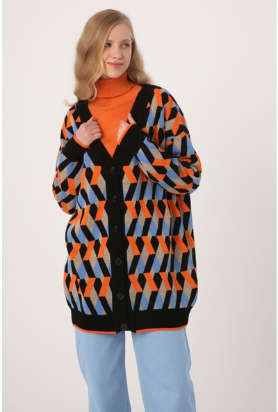 ALLDAY V Yaka Geometrik Jakarlı Hırka