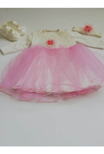 Ahmet Tech % 100 Pamuk Kız Bebek Çiçekli Elbise & Ayakkabı & Saç Bandı & 3'lü Set