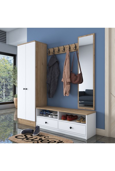 Rani EA105 Aynalı Portmanto Çekmeceli Ayakkabılık ve Kapaklı Dolap Vestiyer Sepet Ceviz - Beyaz Rani EA105 Aynalı Portmanto Çekmeceli Ayakkabılık ve Kapaklı Dolap Vestiyer Sepet Ceviz - Beyaz