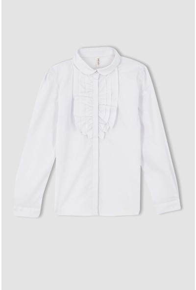 DeFacto Kız Çocuk Okula Dönüş İşlemeli Regular Fit Bebe Yaka Uzun Kollu Gömlek X7173A622AU