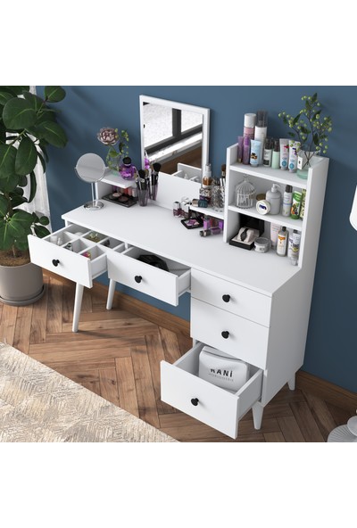 Rani BJ101 Makyaj Masası 5 Çekmeceli Raflı Aynalı Takı Düzenleyici Beyaz Rani BJ101 Makyaj Masası 5 Çekmeceli Raflı Aynalı Takı Düzenleyici Beyaz
