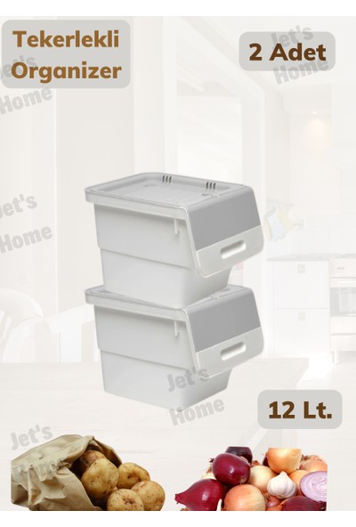 Jet’s Home 2’li Organizer Kutu Tekerlekli Patateslik Soğanlık Sepeti Gri 12 Lt