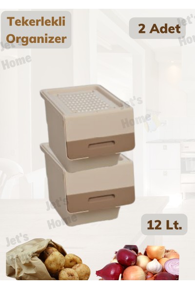 Jet’s Home 2’li Organizer Kutu Tekerlekli Patateslik Soğanlık Sepeti Bej 12 Lt