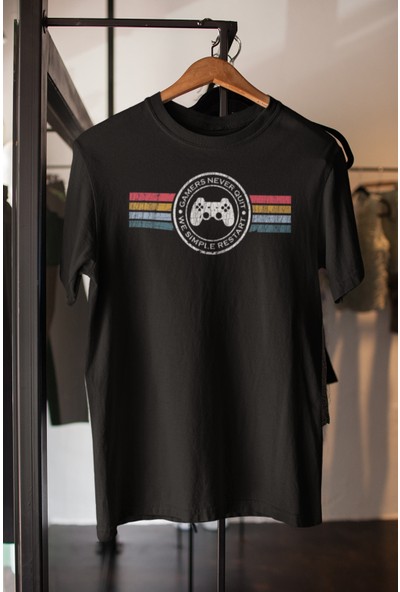 NetStyle Gamers Never Quit Baskılı Siyah Kısa Kollu Tişört