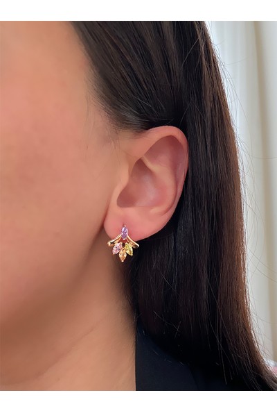 Sgaccessory 316L Çelik Rengi Zirkon Taşlı Çiçek Motifli Minimal Kadın Küpe