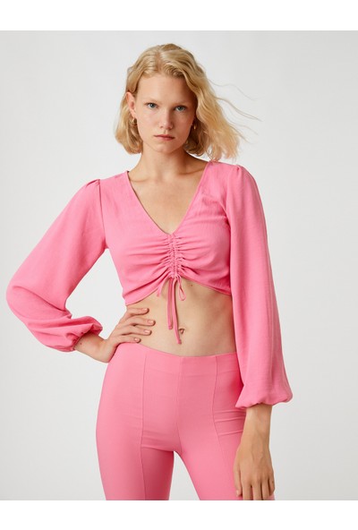 Koton Büzgülü Crop Bluz Uzun Kollu Koton Büzgülü Crop Bluz Uzun Kollu