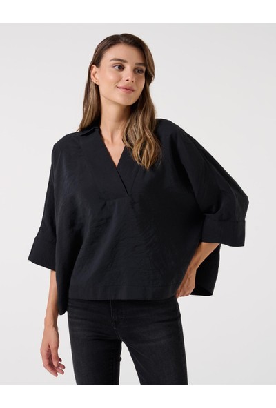 Jimmy Key Kadın Siyah Bol Kesim Gömlek Yaka Truvakar Kol Bluz Jimmy Key Kadın Siyah Bol Kesim Gömlek Yaka Truvakar Kol Bluz