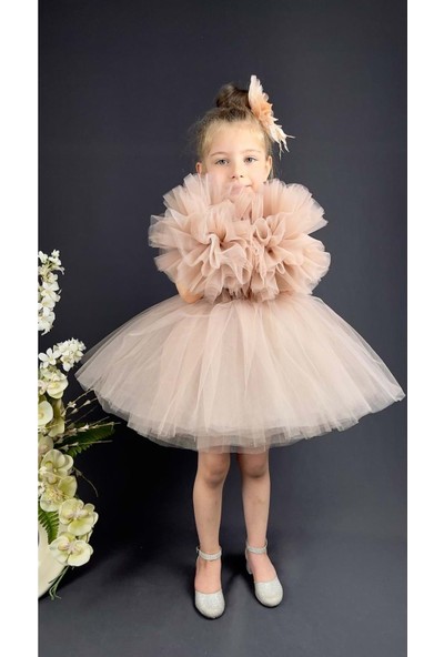 Mnk Baby Şifon Robalı Ponpon Kol Pul Payetli Kız Çocuk Kabarık Etek Tütülü Abiye