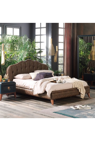Enza Home Elegante Başlıklı Baza - Kahverengi Nubuk Kumaş 160X200