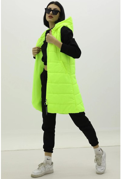 Shess Fermuarlı Çift Cepli Şişme Yelek Neonyeşil