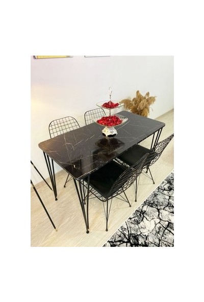 MRD Design 60X120 Siyah Mermer Desenli Yemek,mutfak,salon Masa Takımı 4 Adet Tel Sandalye MRD Design 60X120 Siyah Mermer Desenli Yemek,mutfak,salon Masa Takımı 4 Adet Tel Sandalye