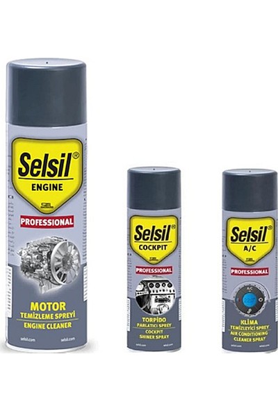 Selsil Motor Temizleme Spreyi 500 ml / Torpido Parlatıcı Sprey 200 ml / Klima Temizleyici 150 ml Selsil Motor Temizleme Spreyi 500 ml / Torpido Parlatıcı Sprey 200 ml / Klima Temizleyici 150 ml