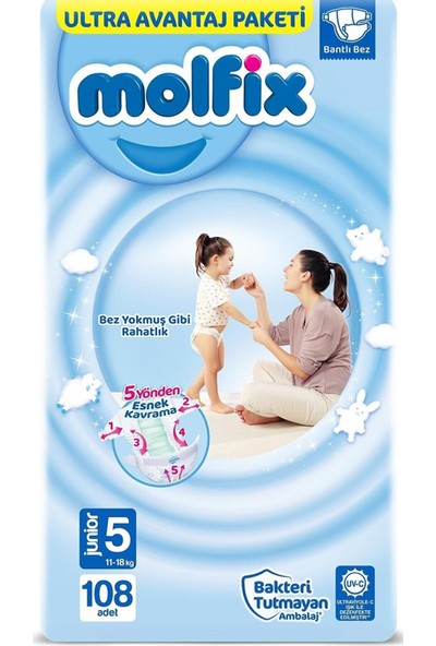 Molfix Bebek Bezi Ultra Avantaj Paketi Junior 5 No 11-18 kg 108'li Molfix Bebek Bezi Ultra Avantaj Paketi Junior 5 No 11-18 kg 108'li