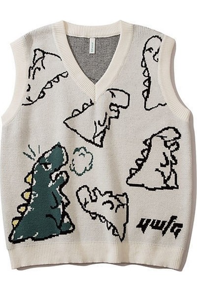 TouzModa Kawaii Harajuku Beyaz Dinazor Süveter