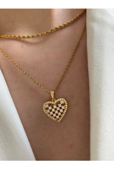 Pinery Jewels Sıralı Zirkon Taşlı Kalpli Kararmaz Çelik Kolye