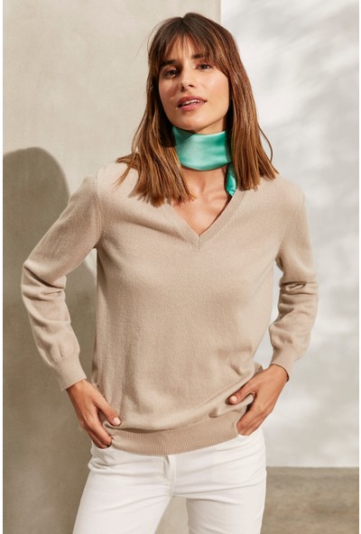 Silk And Cashmere Açık Bej Saf Kaşmir Veronique V Yaka Uzun Kollu Kazak