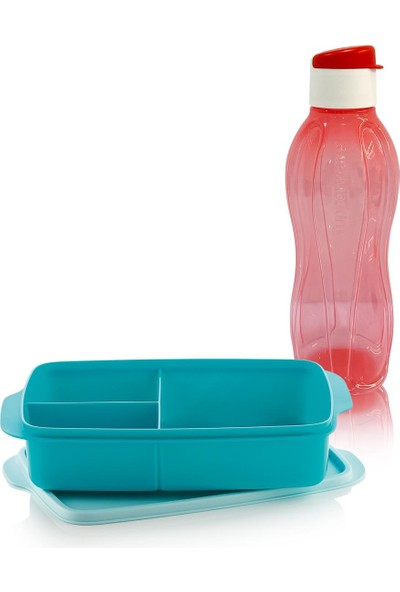 Tupperware Eco Şişe Suluk 750ML Kor Pırıltı & Bölmeli Beslenme Kutusu 1l Mavi Set Tupperware Eco Şişe Suluk 750ML Kor Pırıltı & Bölmeli Beslenme Kutusu 1l Mavi Set