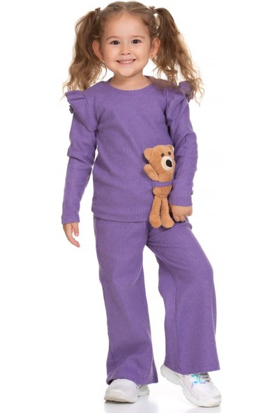 Shineness Kız Çocuk Alt Üst Takım Ispanyol Paça Pantolon Uzun Kollu Bluz ve Ayıcık Ile Takım