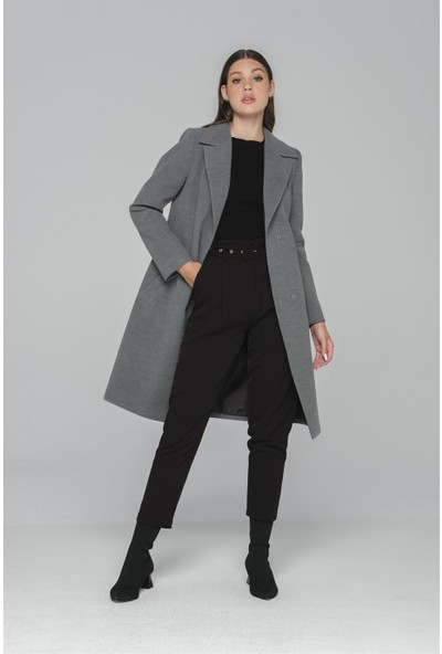 Olcay Çıt Çıt Kapamalı Belden Kuşaklı Kaban Gri 3854