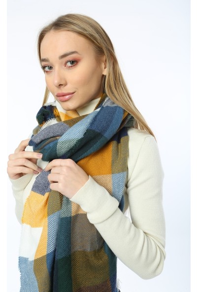 Luminos Butik Kadın Renkli Kare Desenli Atkı - Şal 70X180 cm LMNS1247