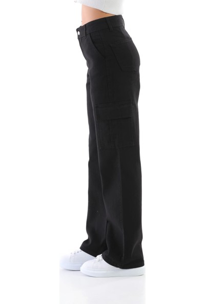 Ngbutika Siyah Yüksek Bel Geniş Paça Kargo Pantolon