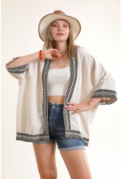 Rays Örgü Şeritli Kimono Beyaz