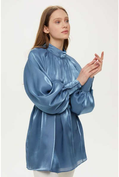 Manuka Işıltılı Balon Kol Abiye Tunik Mavi