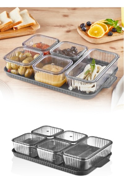 Kitchen Life 5 Bölmeli Tepsili Bölmeli Kapaklı Çizgili Kahvaltılık Seti Akrilik Kitchen Life 5 Bölmeli Tepsili Bölmeli Kapaklı Çizgili Kahvaltılık Seti Akrilik
