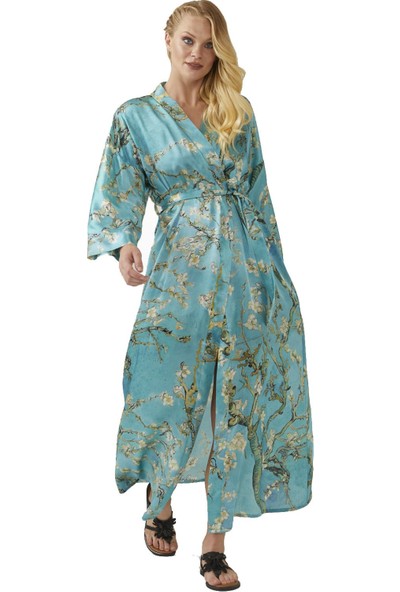 Deriderim Turkuaz Van Gogh Almond Blossoms Uzun Ipek Kaftan Deriderim Turkuaz Van Gogh Almond Blossoms Uzun Ipek Kaftan