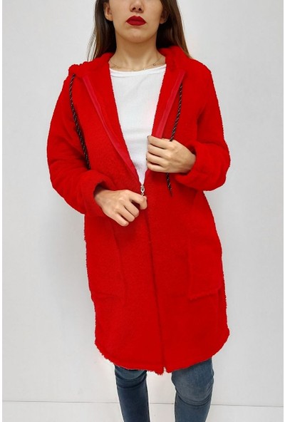 Stil Budur Kapüşonlu Cepli Peluş Uzun Mont Kırmızı Stil Budur Kapüşonlu Cepli Peluş Uzun Mont Kırmızı