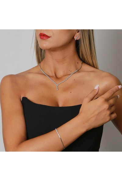 Set Takımı Baget Taşlı Beyaz Altın
