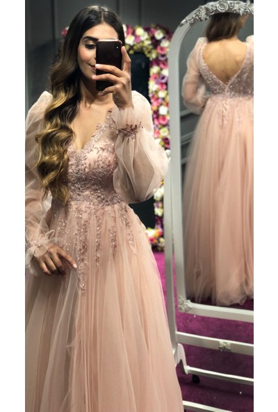 Abiyeniall V Yaka Uzun Kollu Tül Prenses Abiye Elbise Rose 7068 Abiyeniall V Yaka Uzun Kollu Tül Prenses Abiye Elbise Rose 7068