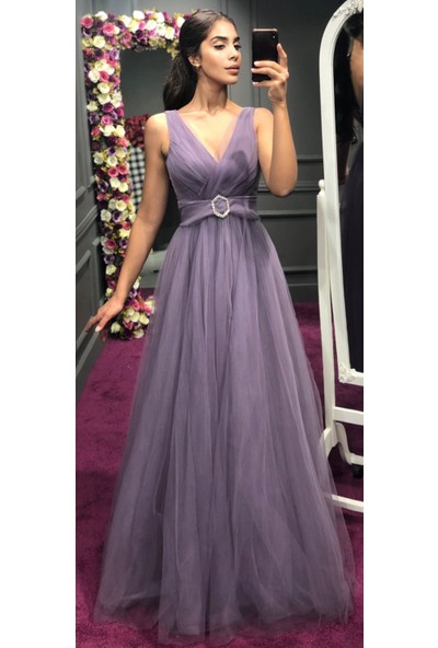 Abiyeniall V Yaka Tül Prenses Abiye Elbise Koyu Lavanta 7251