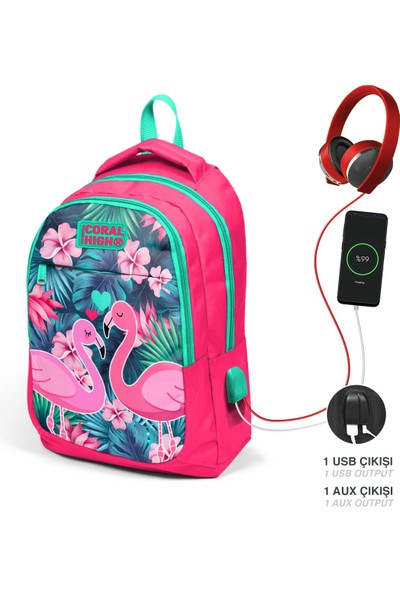 Coral High Kids Neon Mercan Flamingolu Üç Bölmeli USB Şarjlı Kulaklık Çıkışlı Sırt Çantası Coral High Kids Neon Mercan Flamingolu Üç Bölmeli USB Şarjlı Kulaklık Çıkışlı Sırt Çantası