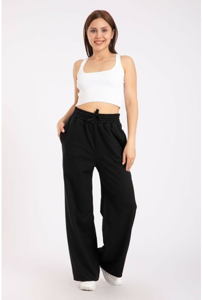 Butikems Kadın Siyah Bol Paça Penye Eşofman Altı