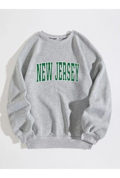Laluvia Unisex Bisiklet Yaka Gri New Jersey Baskılı Oversize Sweatshirt