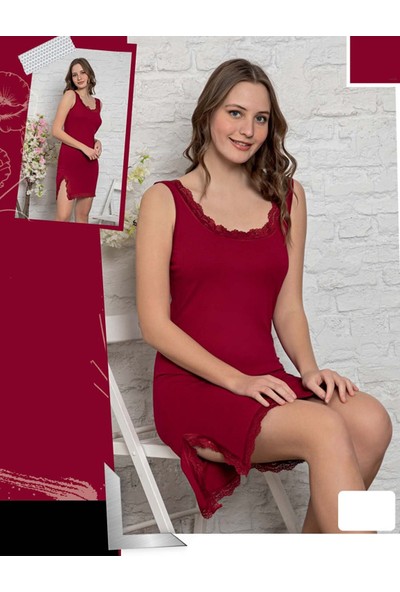 Beyaz Gelincik Dantelli Yırtmaçlı Likralı Tunik Gecelik