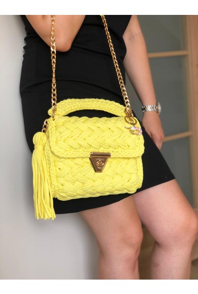 Kozal Aksesuar Gökkuşağı Serisi El Örgüsü Penye Sarı Renk Fıstık El ve Omuz Çantası
