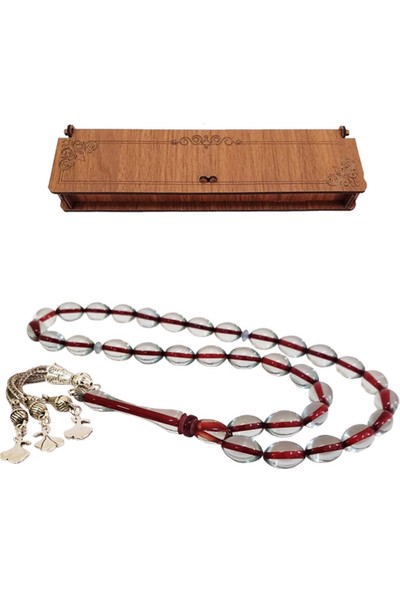 Lilibeaty Kırmızı Toz Kehribar Tesbih Ahşap Kutulu