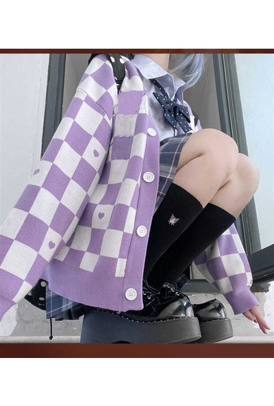 Anime Kuromi Lila Damalı Hırka