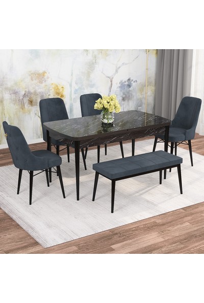 Rovena Mona Siyah Mermer Desen 80X132 Benchli Mdf Yemek Masası Takımı 4 Sandalyeli