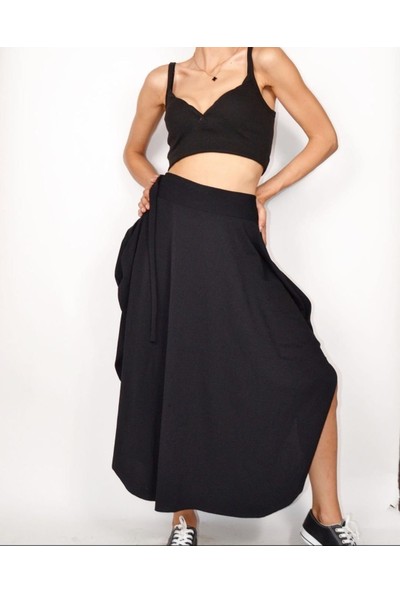 Standart Beden Beli Lastikli Yan Yırtmaç Detaylı Bohem Etek
