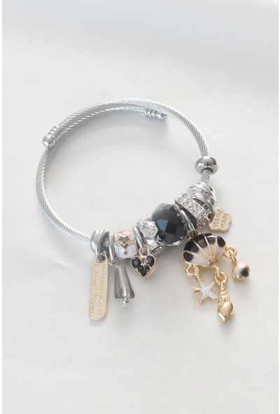 Rebella 1803 Siyah Renk Deniz Kabuğu Figür Çelik Charm Kadın Bileklik