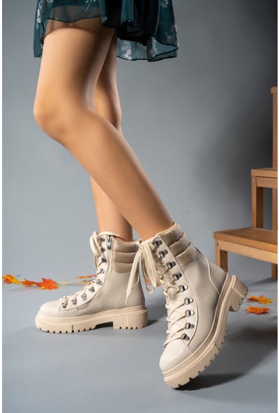 Riccon Bej Cilt Kadın Fermuarlı Bot 00121897
