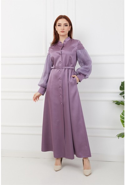 Olcay Taş ve Şifon Detaylı Astarlı Abiye Pardesü Lila 6363