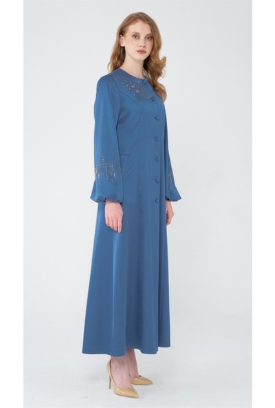 Olcay Kolları Volanlı Taş Detaylı Astarlı Saten Abiye Pardesü Mavi 6367 Olcay Kolları Volanlı Taş Detaylı Astarlı Saten Abiye Pardesü Mavi 6367