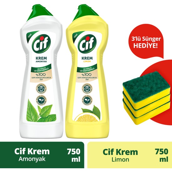 Cif Krem Limon 750ML + Cif Amonyak 750ML + 3'lü Temizlik Fiyatı