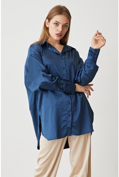 Femina Ocean Oversize Saten Gömlek-Parlak Lacivert Femina Ocean Oversize Saten Gömlek-Parlak Lacivert